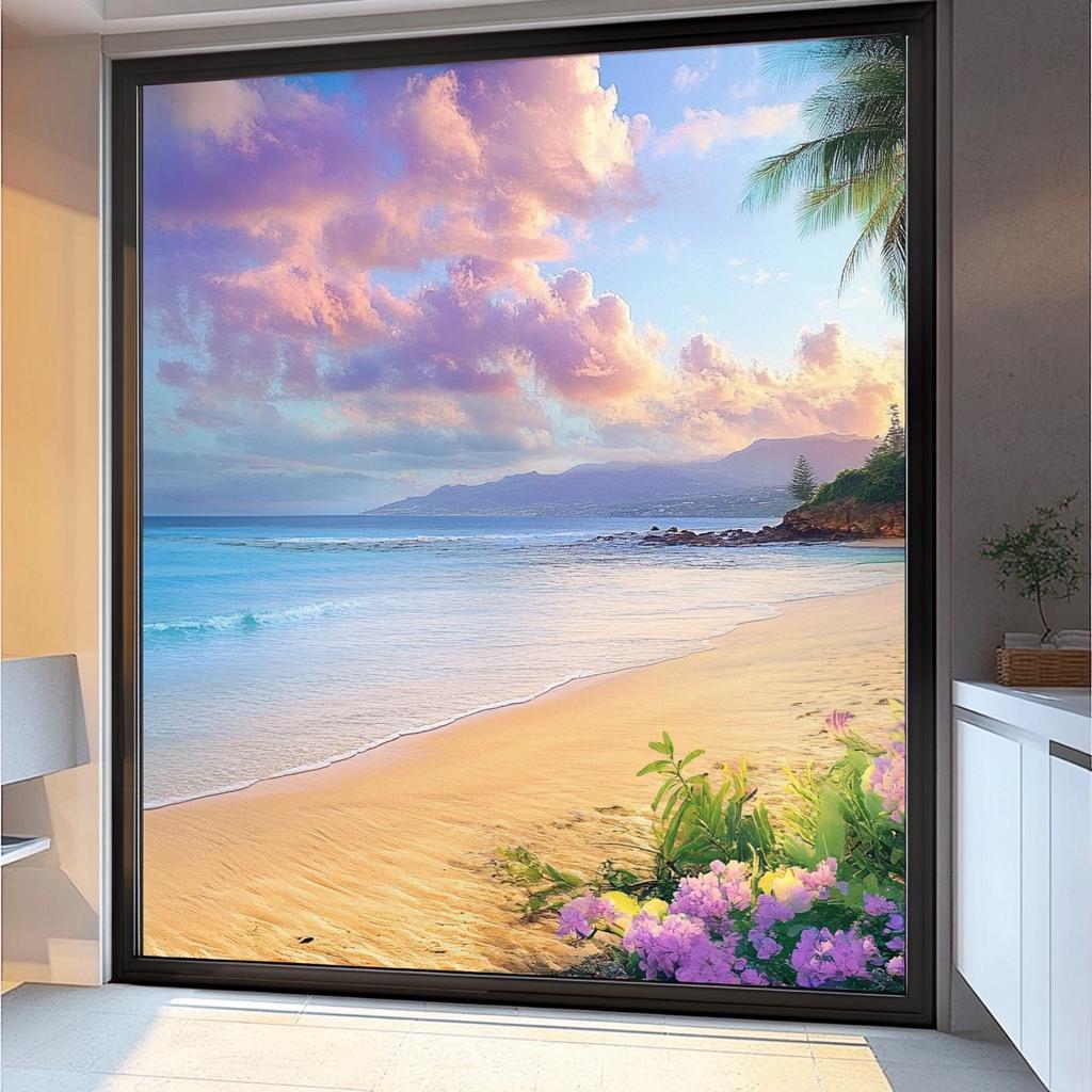 Custom Size Beach Scene Window Film Vibrant Tropical Sunset Static ...