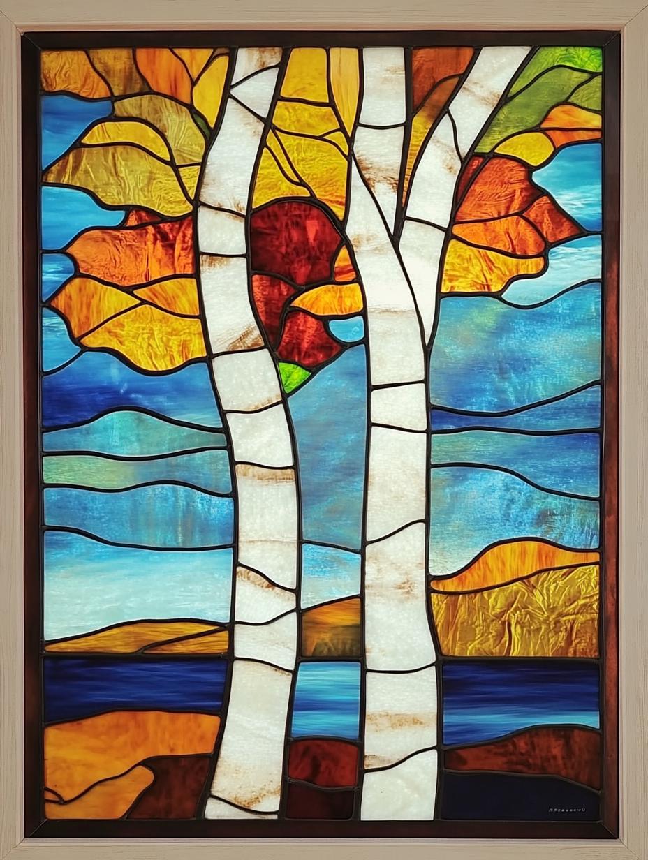 Custom Size Colorful Fall Birch Trees Stained Glass Window Cling Scenic ...