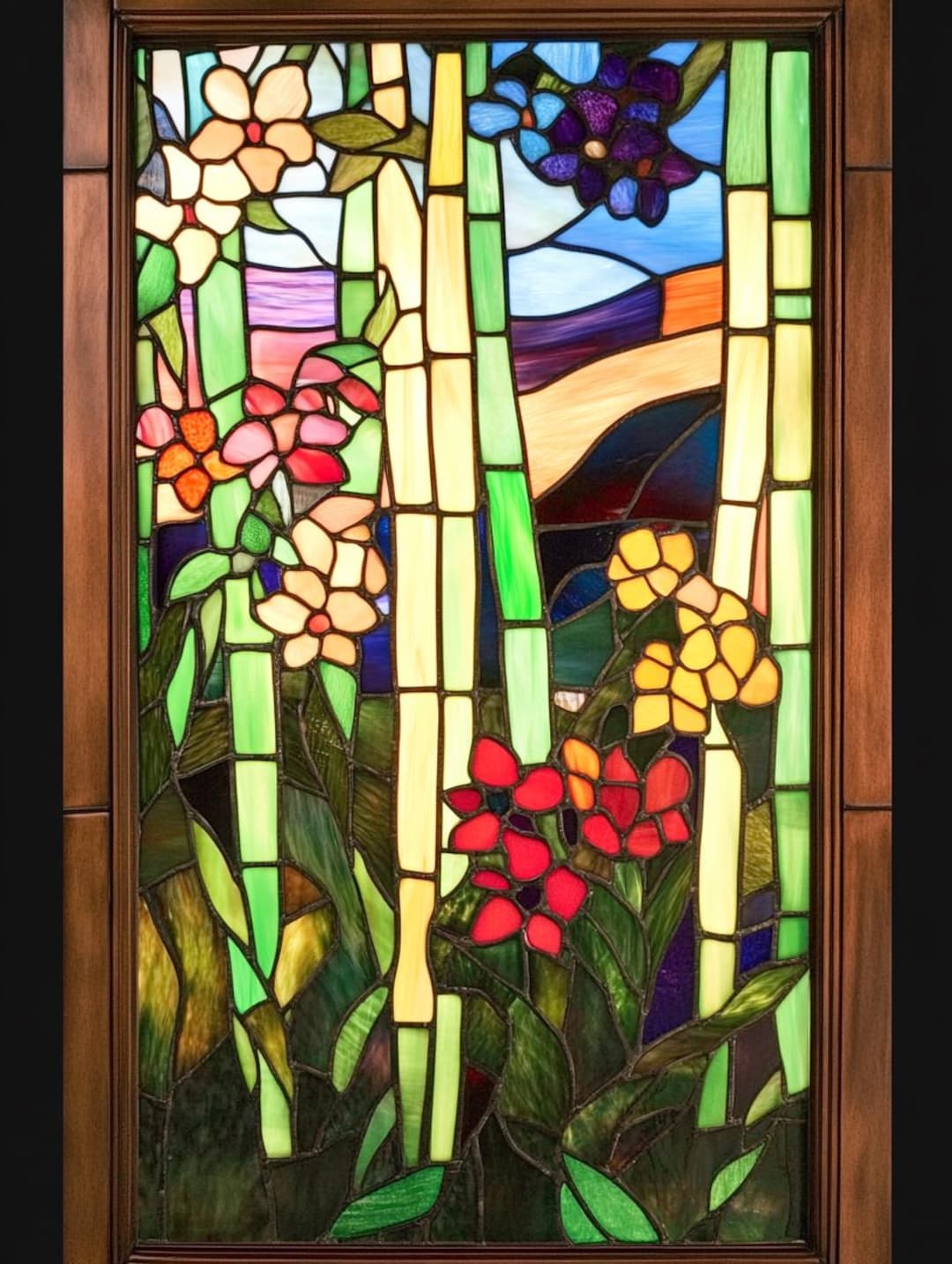 Custom Size Oriental Bamboo Wildflowers Stained Glass Window Cling ...