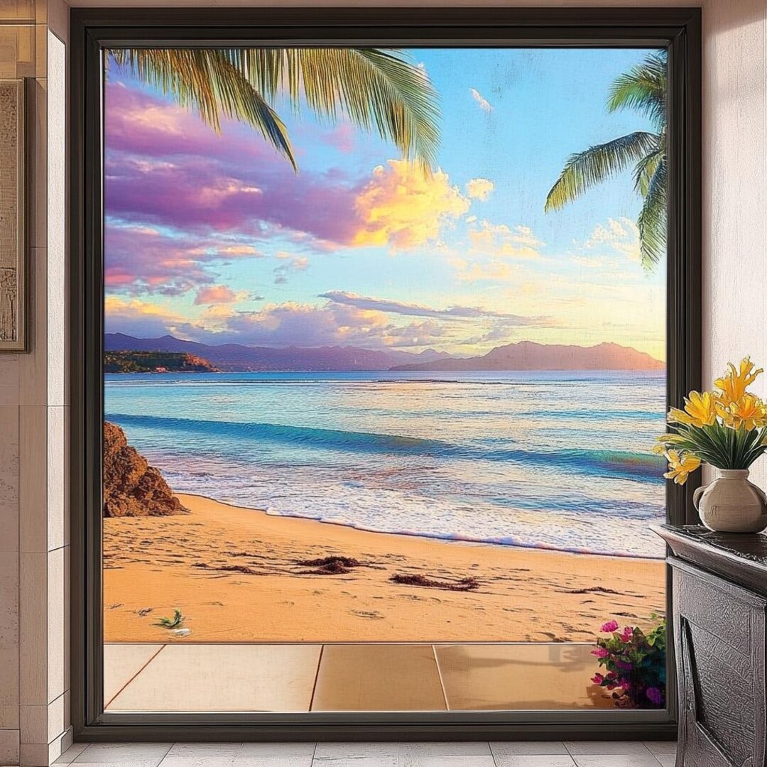 Custom Size Beach Scene Window Film Vibrant Tropical Sunset Static ...