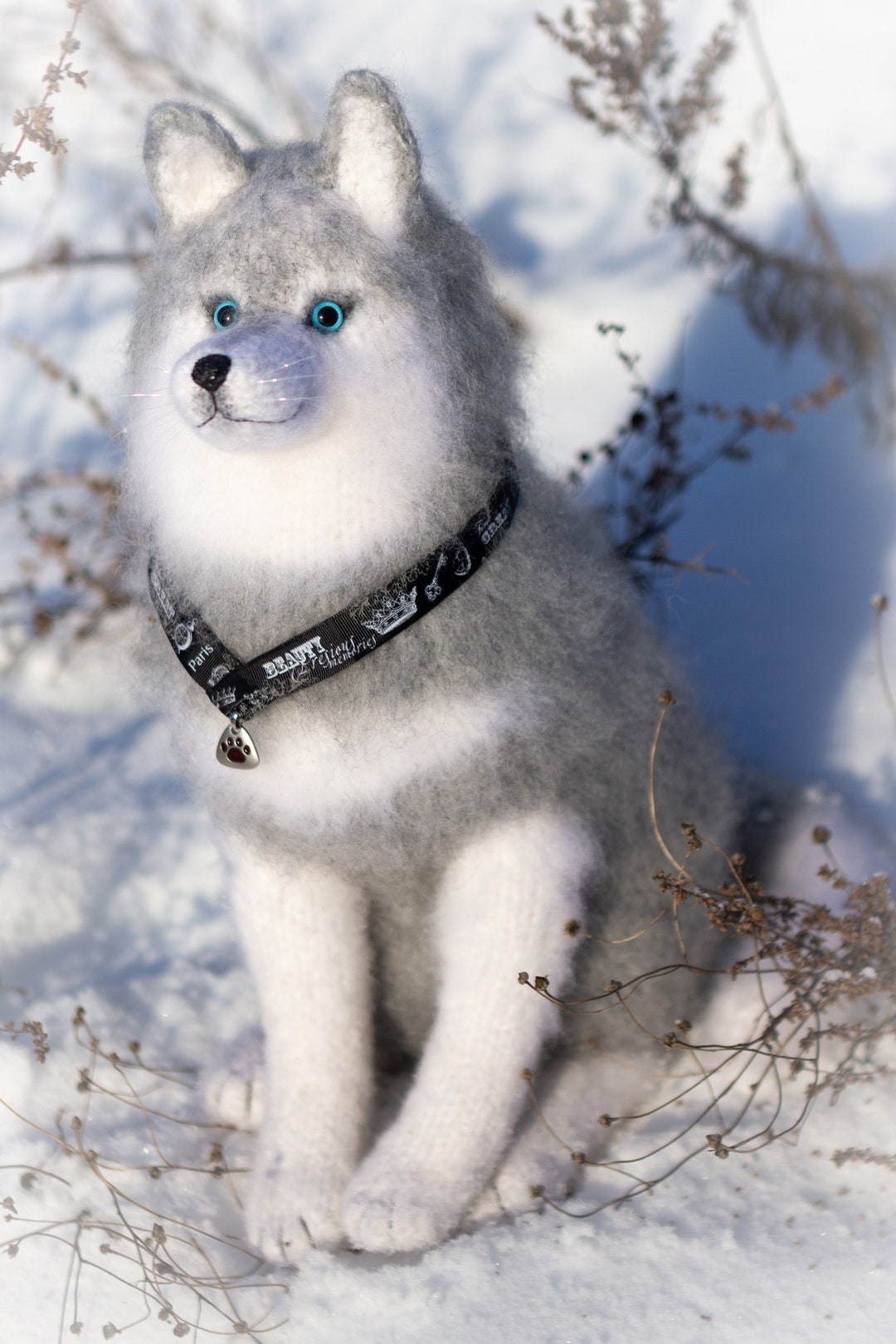 Husky Real Size Fluffy Knitted Husky Gift for Her White Grey Cute Dog ...