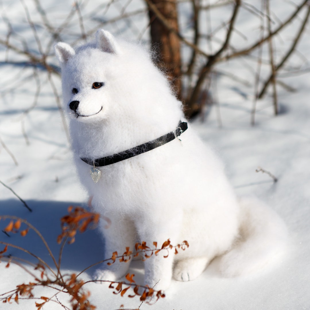 Real Size Dog Fluffy Knitted Samoyed Gift for Her White Cute Dog Gift ...