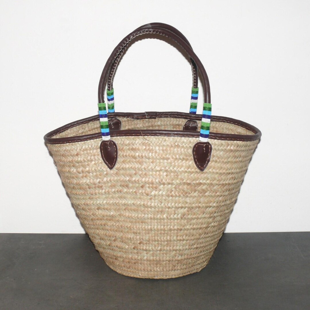 Basket Bag Without Flap, Leather Handles and Beads Made From Palm ...