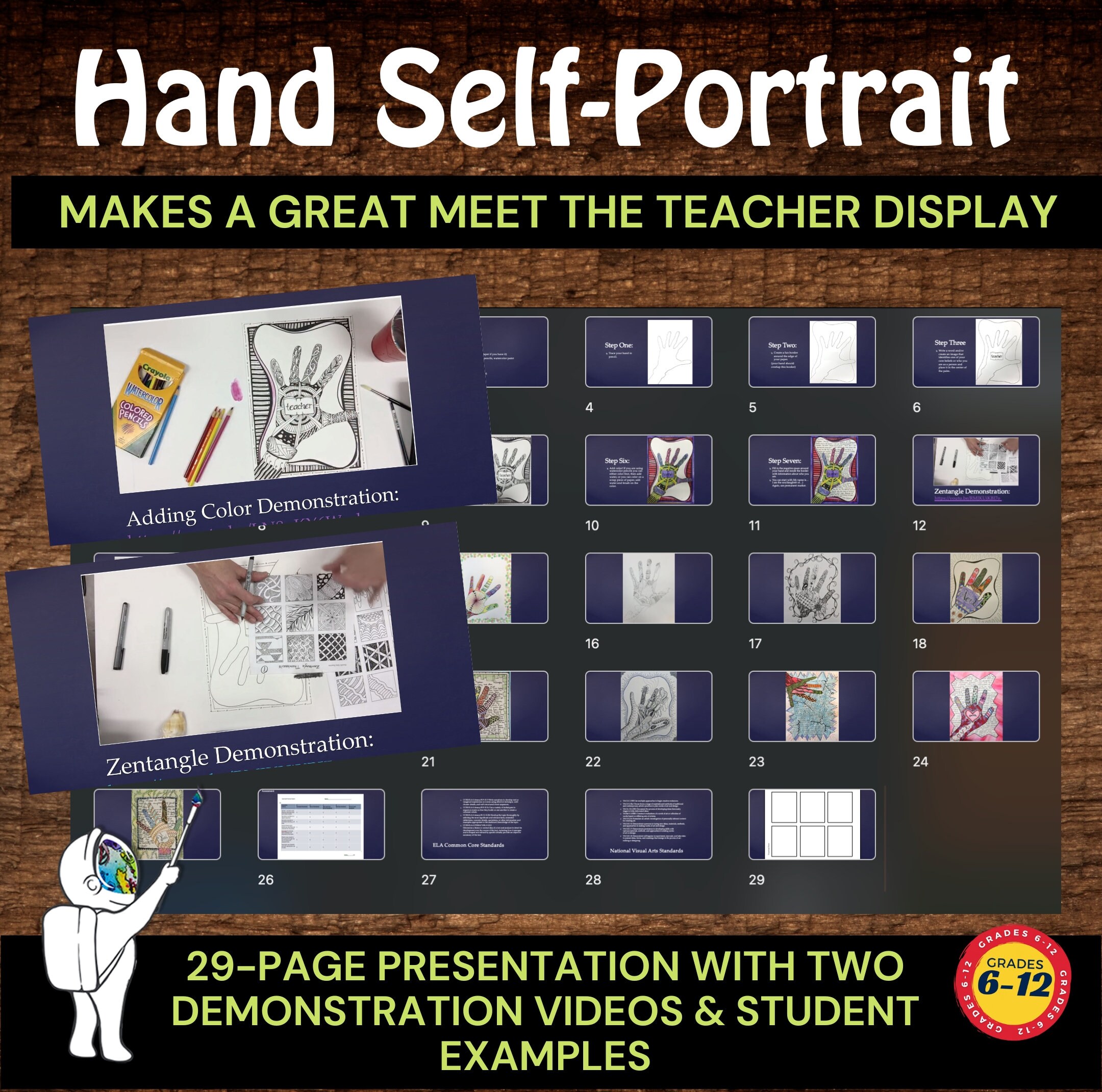 Zendoodle Hand Self Portraits Art & ELA Lesson Back to School Activity ...