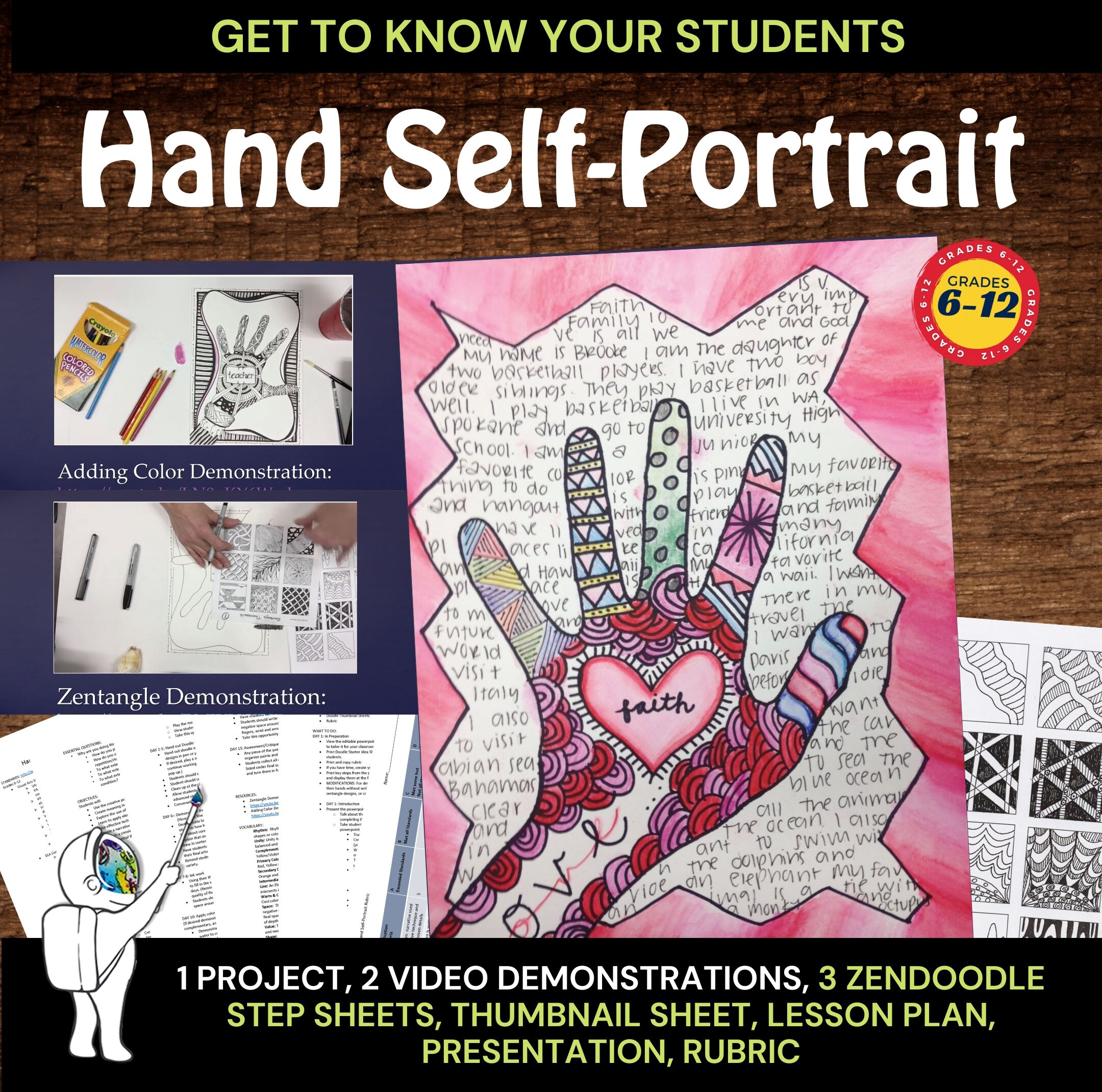 Zendoodle Hand Self Portraits Art & ELA Lesson Back to School Activity ...