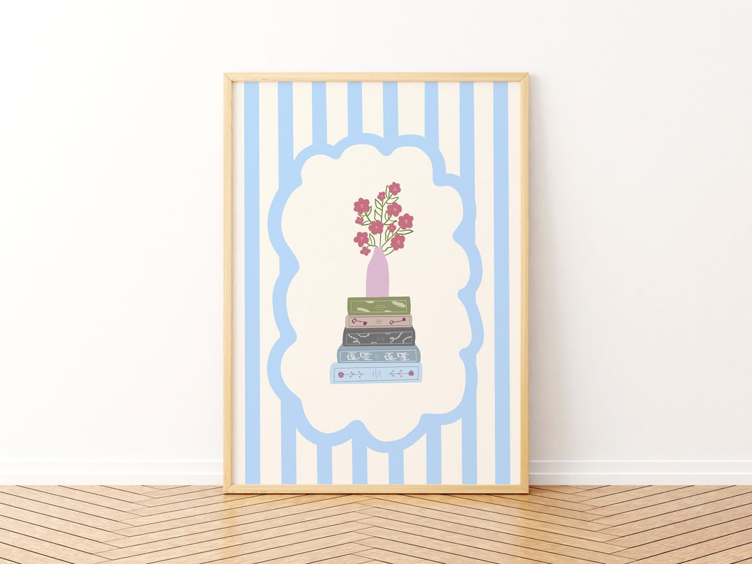 Classic Book Stack With Pink Flowers Illustration Elegant Wall Art for ...