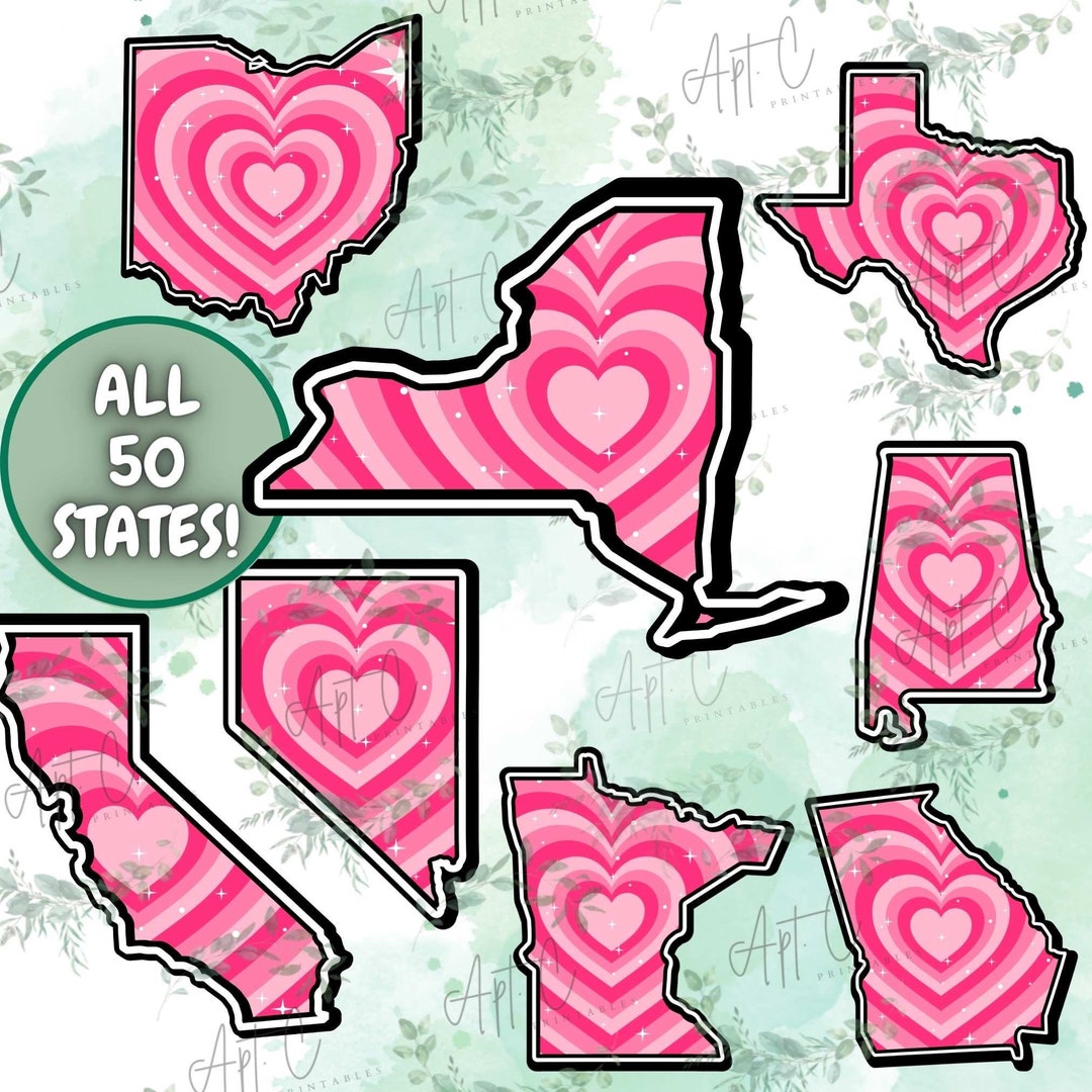 50 States Bundle Retro Pink Heart PNG JPG, State Png Bundle, United ...