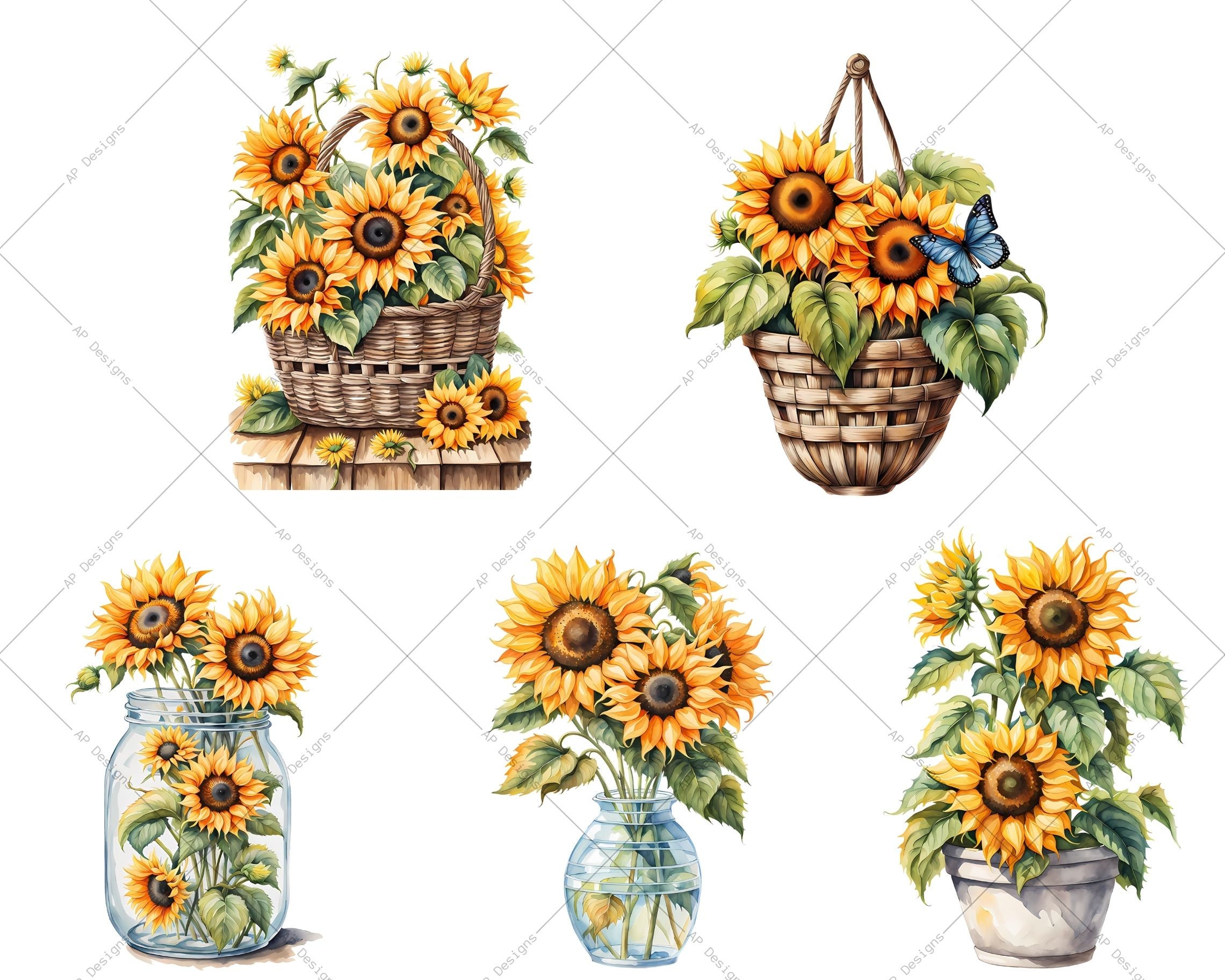 Watercolor Sunflower Clipart, Sunflower Sublimation Pngs, Yellow ...