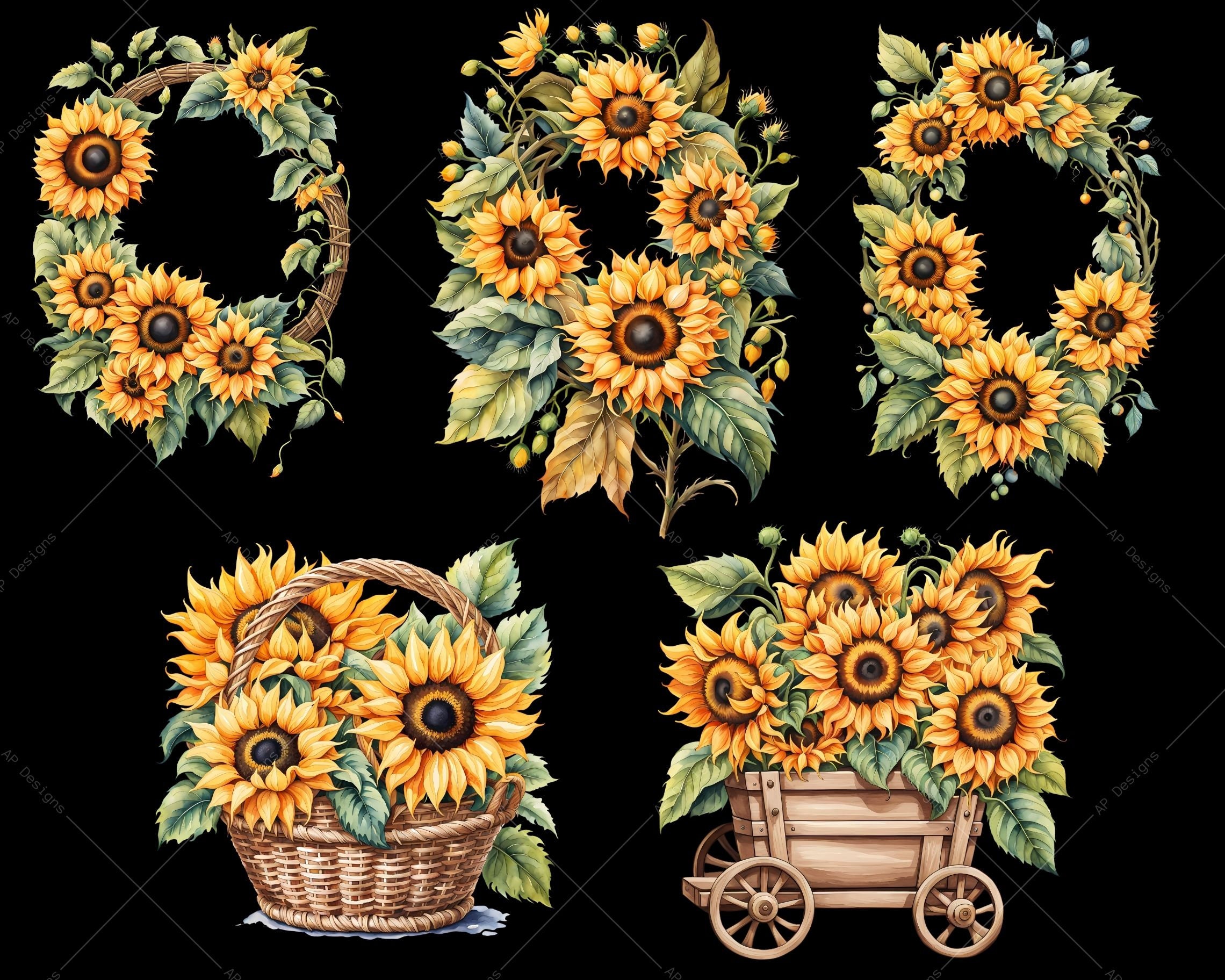 Watercolor Sunflower Clipart, Sunflower Sublimation Pngs, Yellow ...