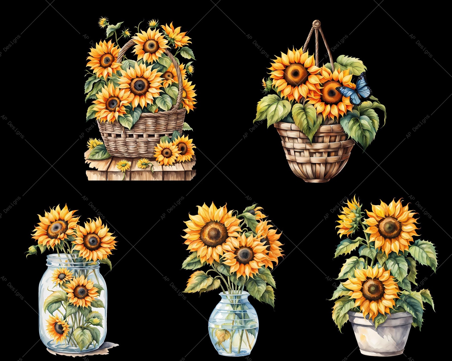Watercolor Sunflower Clipart, Sunflower Sublimation Pngs, Yellow ...