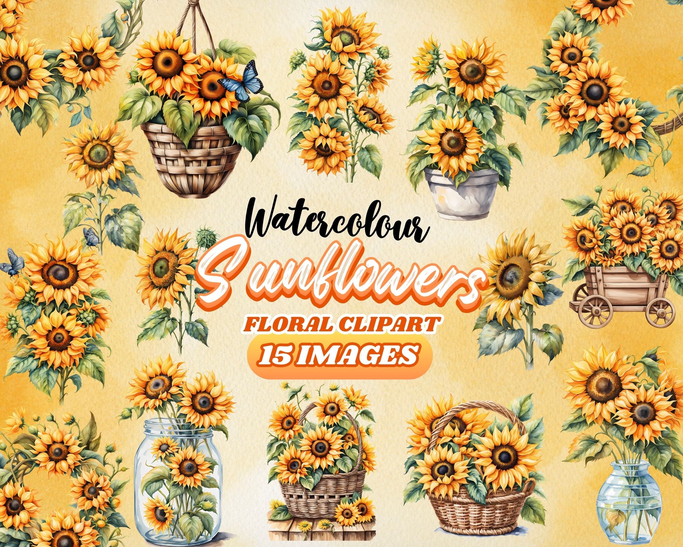 Watercolor Sunflower Clipart, Sunflower Sublimation Pngs, Yellow ...