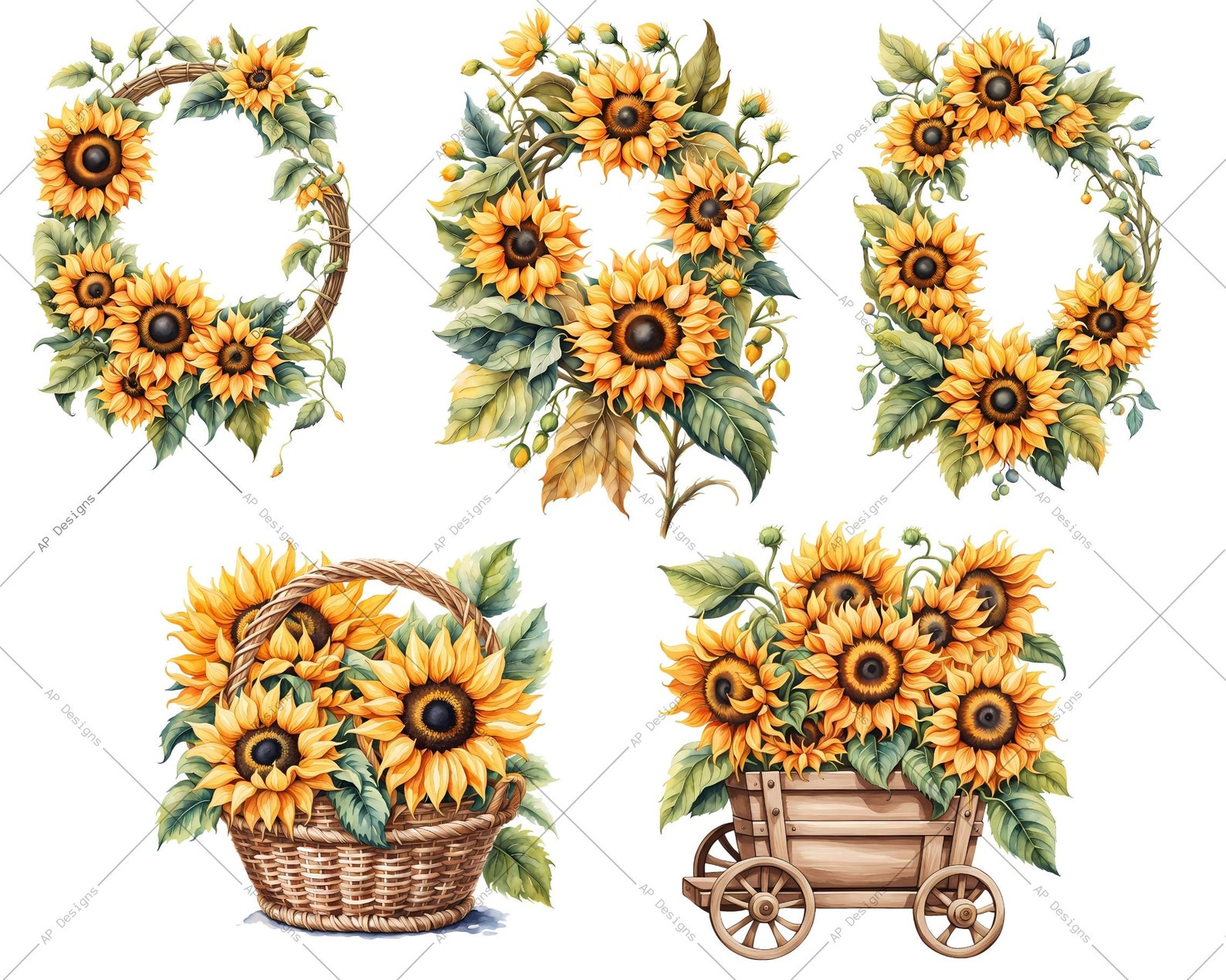 Watercolor Sunflower Clipart, Sunflower Sublimation Pngs, Yellow ...
