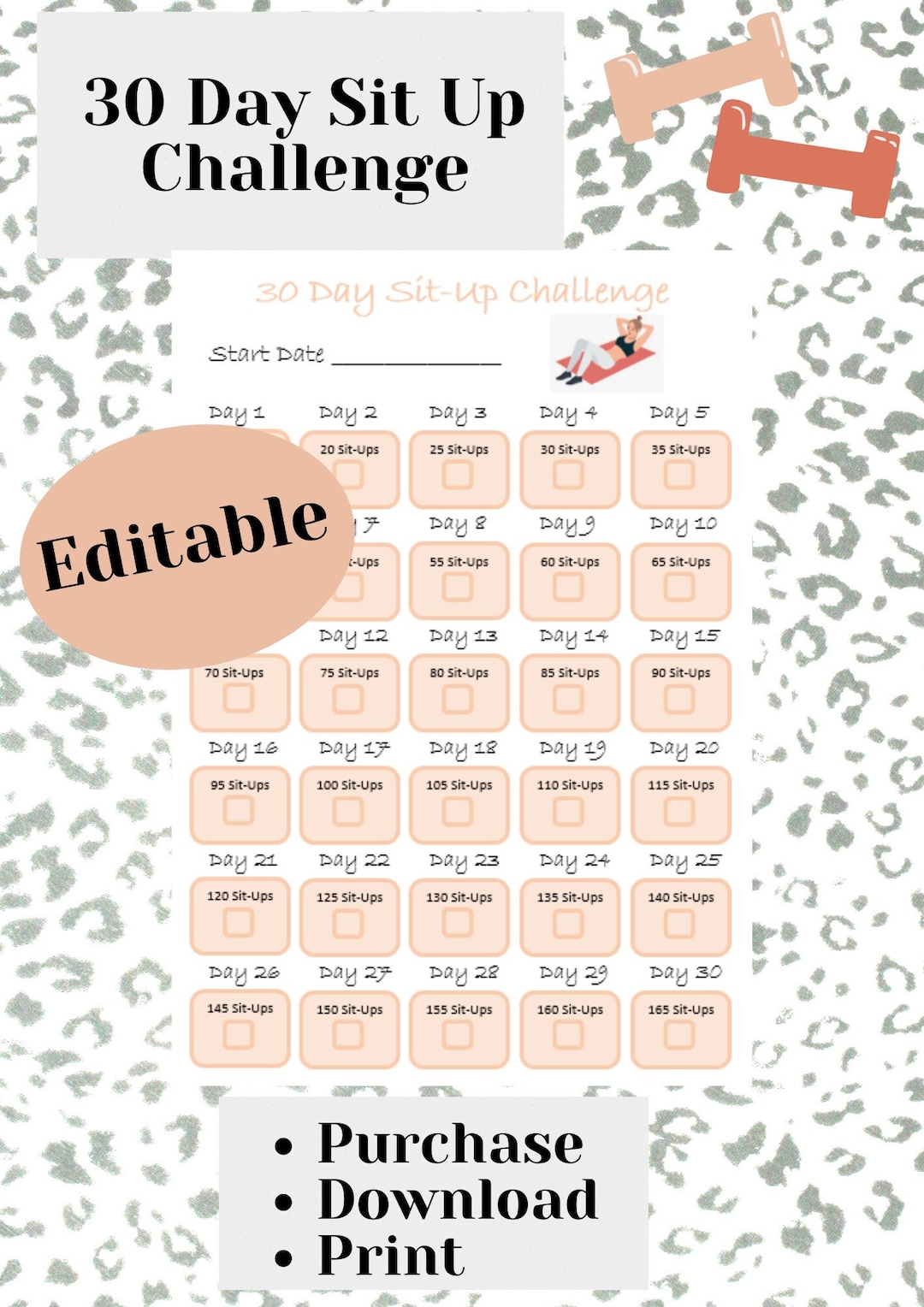 30 Day Sit-up Challenge Form, Printable, Challenge, Workout, Gym, Class ...