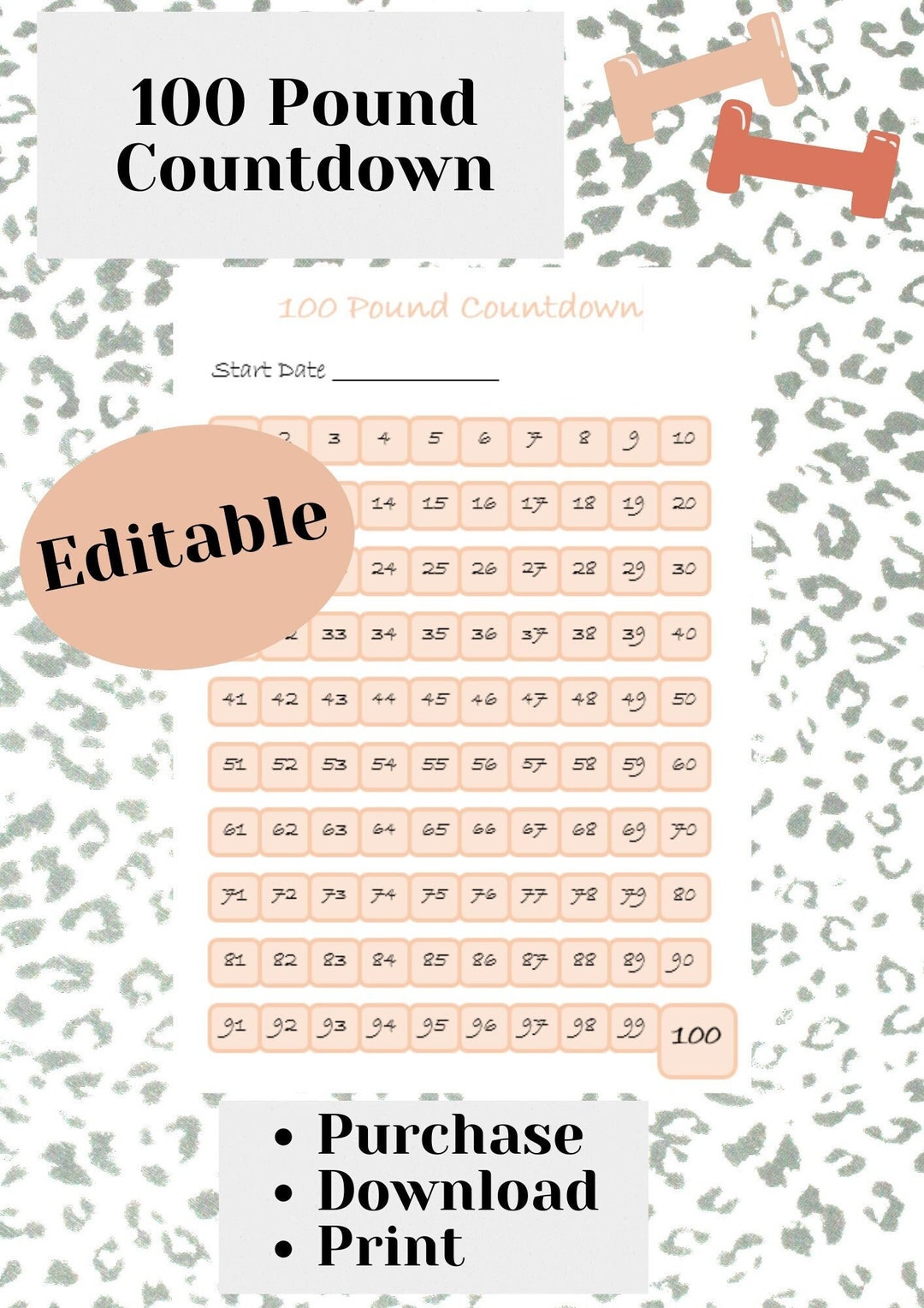 100 Pound Countdown Challenge Form Printable Challenge - Etsy