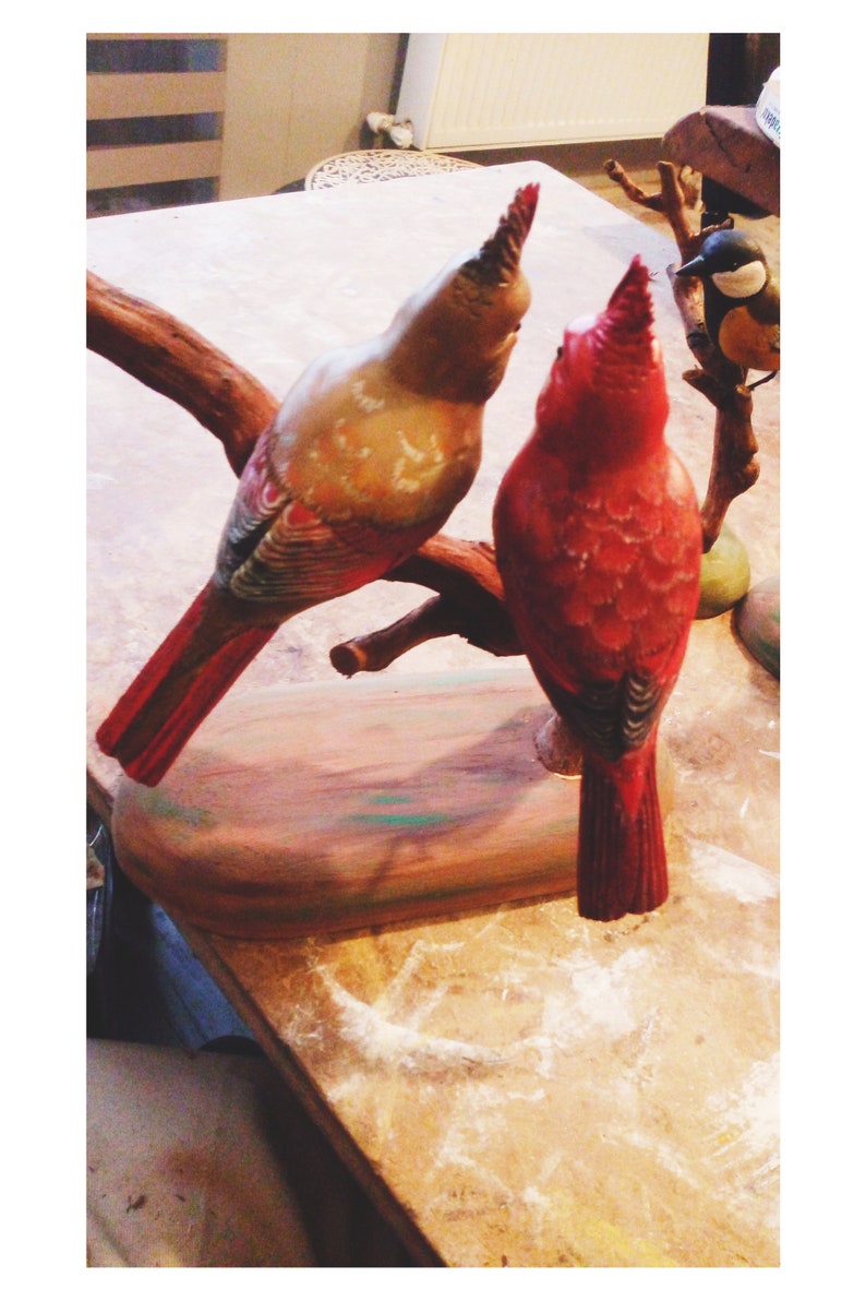 North Cardinal Pair. Wood Carved Cardinal Bird. Wooden Bird Sculpture ...