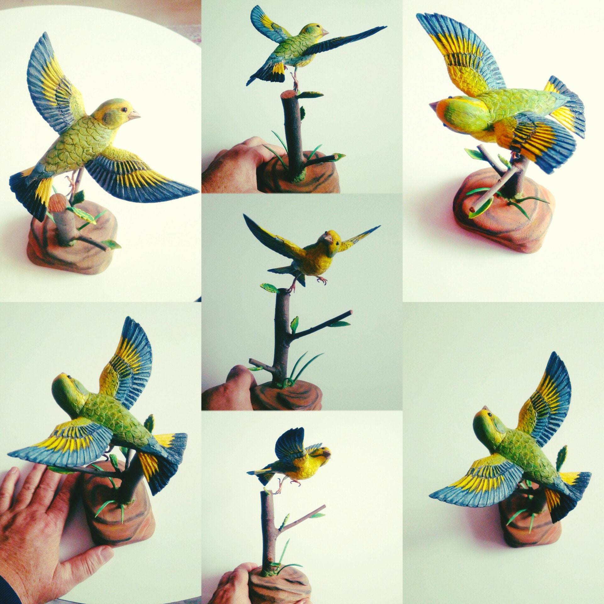 Wood Carved Green Finch. Flying Bird.open Winged Bird Sculpture. Wooden ...