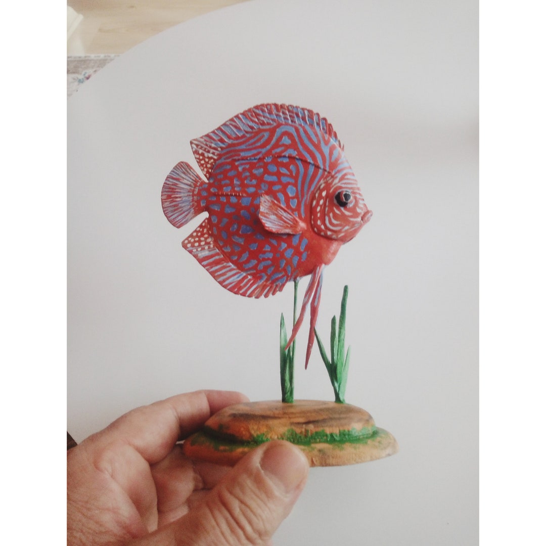 Wooden Hand-carved Blue-red Discus Fish. Wooden Carved Fish. Realistic ...