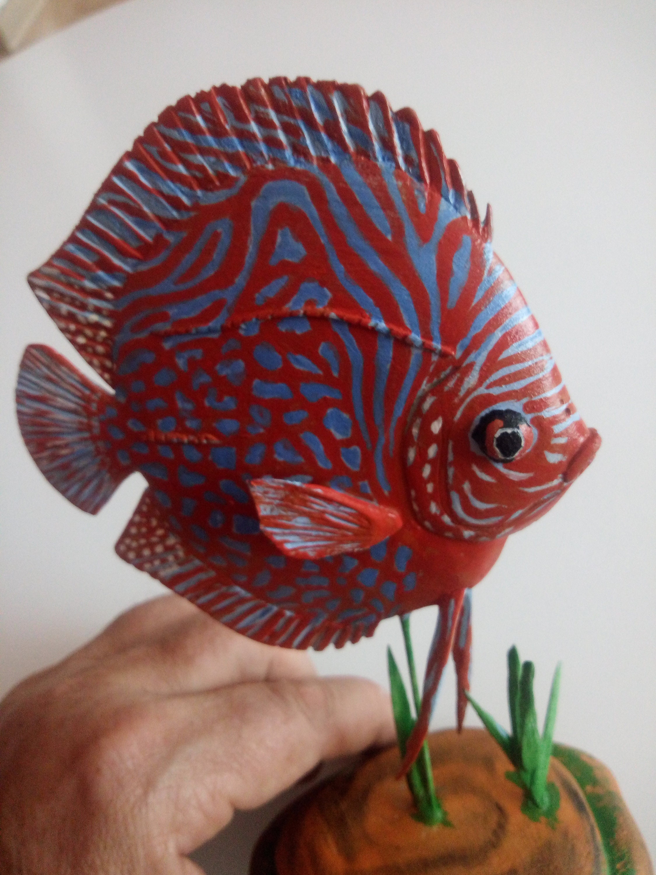 Wooden Hand-carved Blue-red Discus Fish. Wooden Carved Fish. Hand ...