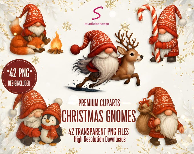 Christmas Gnomes Clipart, Cute Watercolor Winter Dwarf Garden PNG Set ...