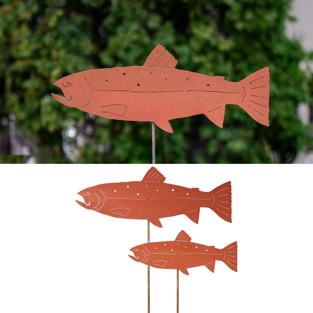 Rustic Textured Steel Trout Fish Yard Art Stake Adjustable Height ...