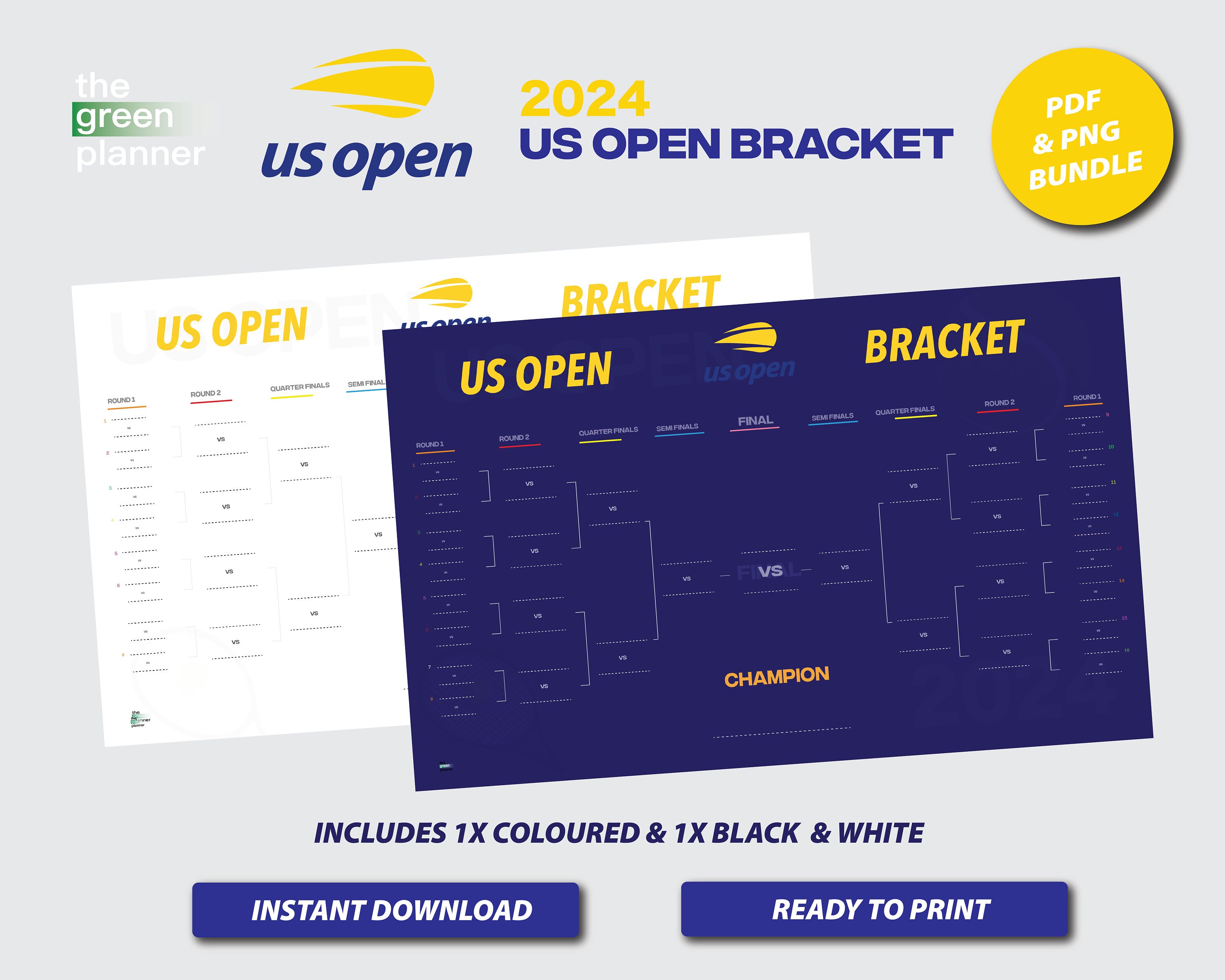 US Open 2024 Tennis Bracket Tracker PNG & PDF Bundle, Monochrome and ...