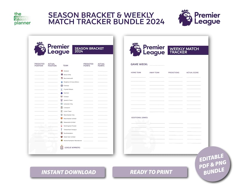Premier League 2024/2025 Weekly Match Tracker & Season Bracket | PNG ...