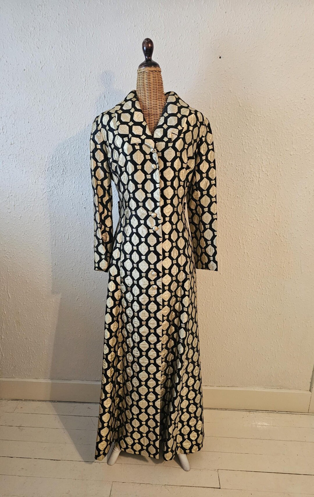 1960s Opulent Black Velvet Evening Gown With Matching Gold Evening Coat ...