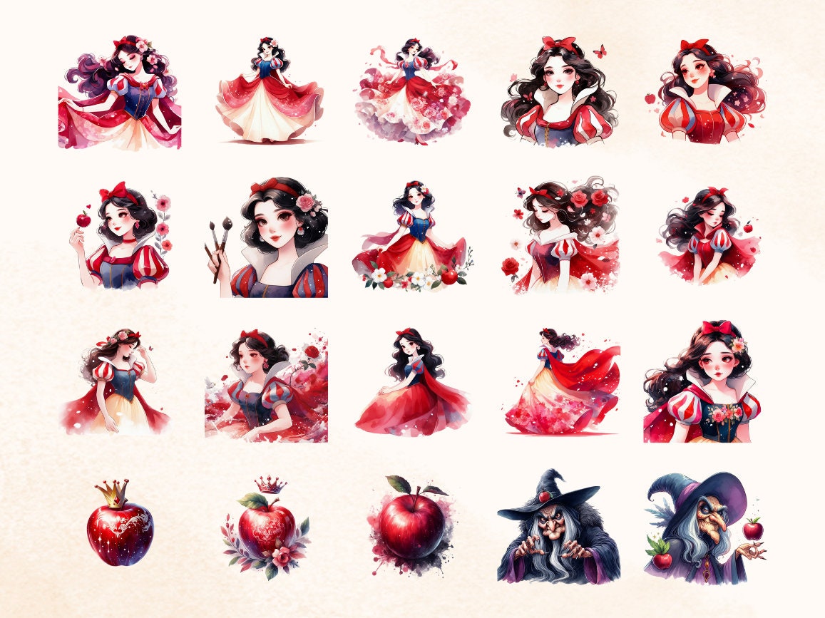 80 Snow White Clipart Set, Watercolor Princess Graphics, Fantasy ...