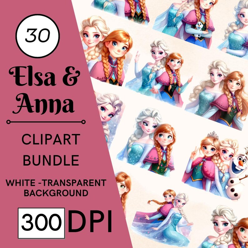 30 Elsa & Anna Watercolor Clipart, Frozen Princesses, 300 DPI, Digital ...