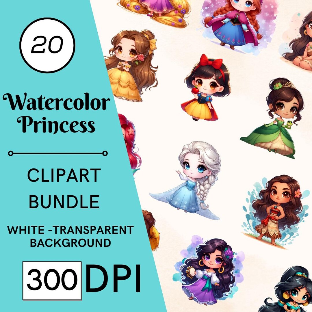 20 Watercolor Princess Clipart Set - 300 DPI, High-resolution ...