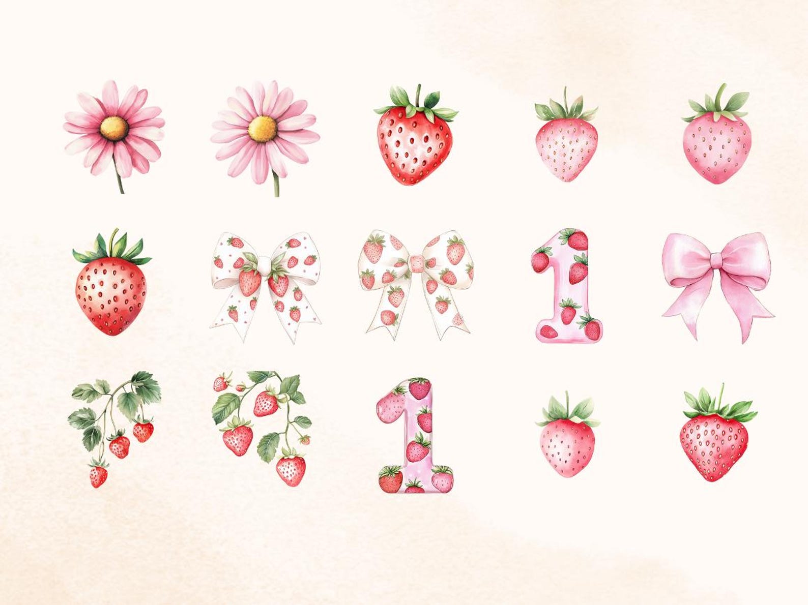 60 Watercolor Strawberry Clipart, Summer Fruit, First Birthday ...