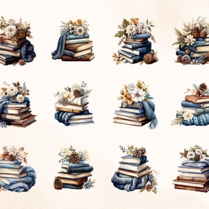 30 Watercolor Winter Bookstack Clipart, Cozy Library PNG Bundle, JPG ...