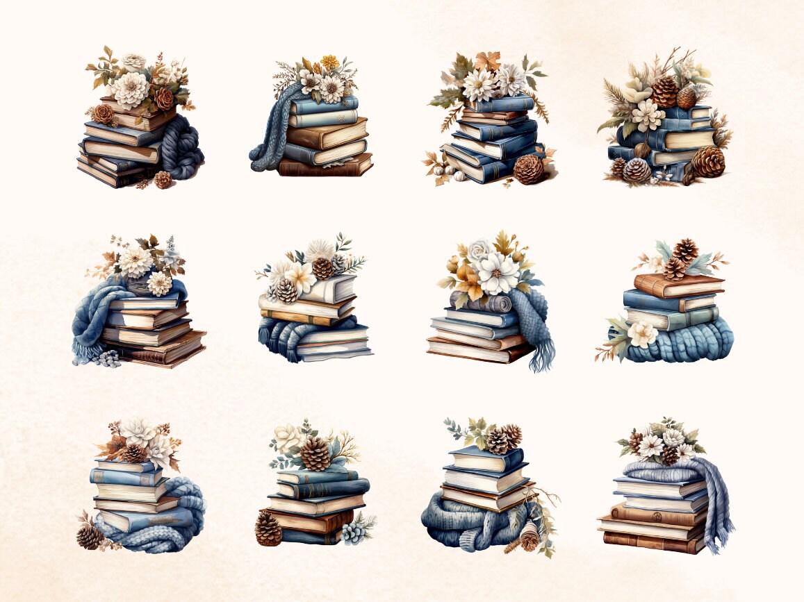 30 Watercolor Winter Bookstack Clipart, Cozy Library PNG Bundle, JPG ...