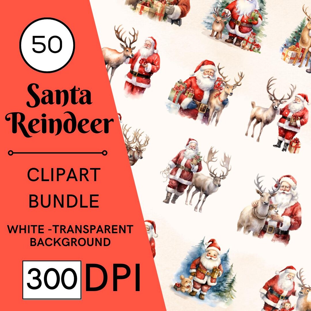 50 Watercolor Santa & Reindeer Clipart, Holiday PNG Images, Digital ...