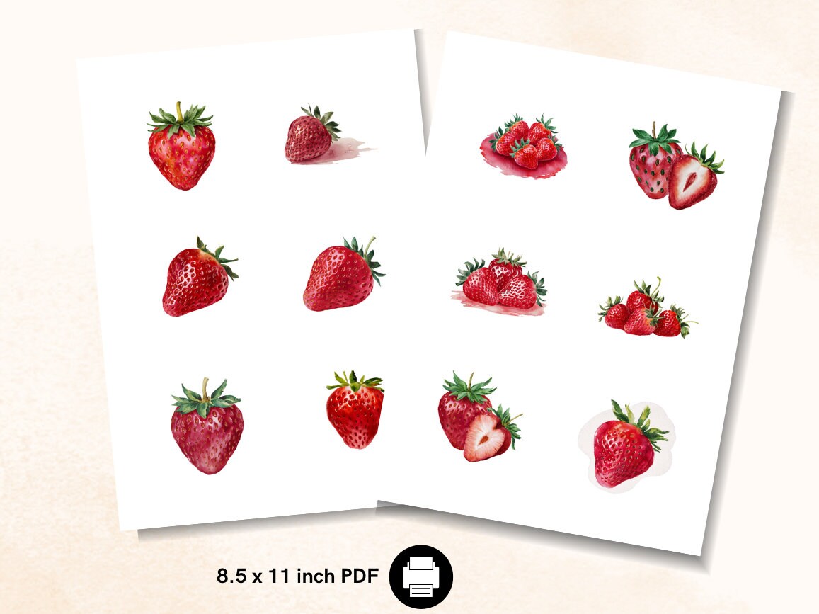 20 Watercolor Strawberry Clipart, Fruit PNG Bundle, Commercial Use ...