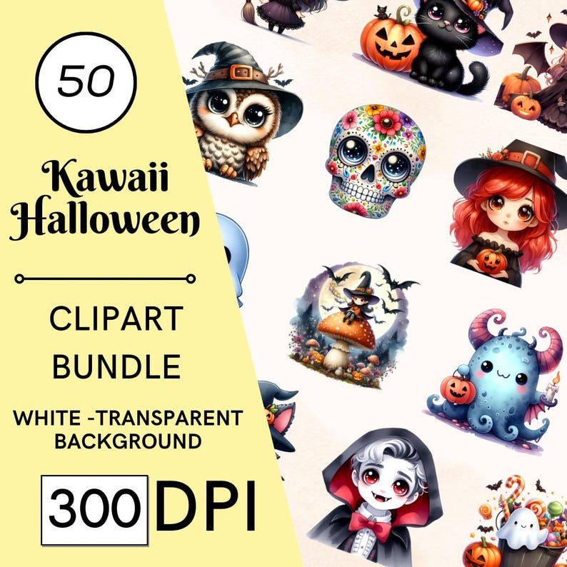 50 Watercolor Kawaii Halloween Clipart | Cute Halloween Graphics and ...
