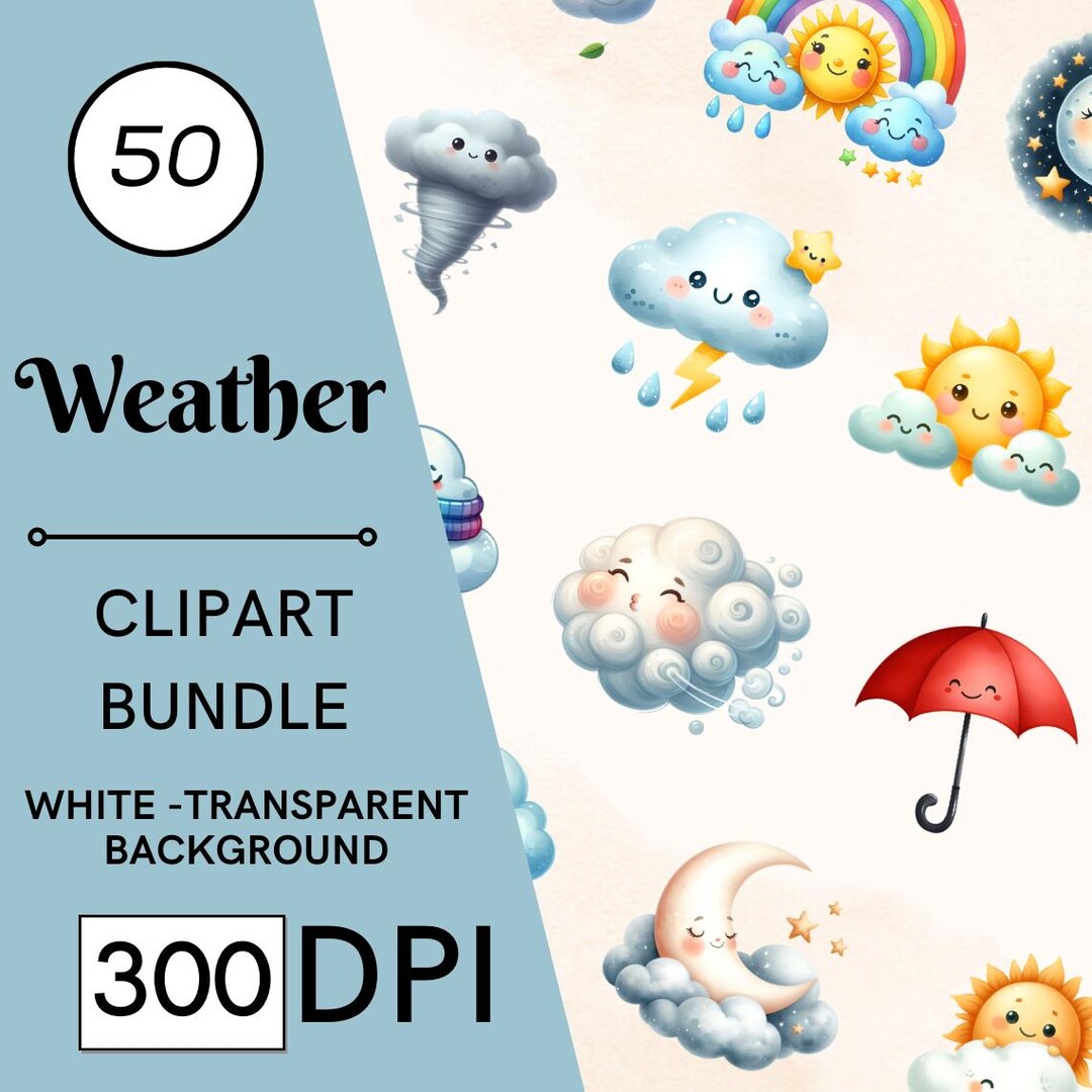 50 Watercolor Weather Clipart Set, Rainbow, Cloud, Sun, Nursery Art ...