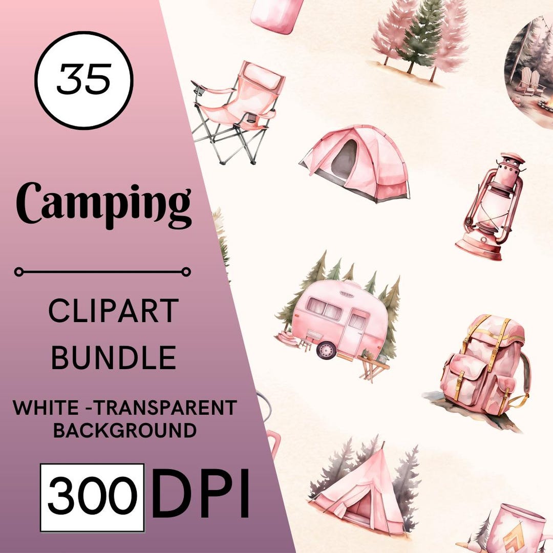 35 Pink Camping Watercolor Clipart, Pink Dreamy Outdoor PNG Set ...