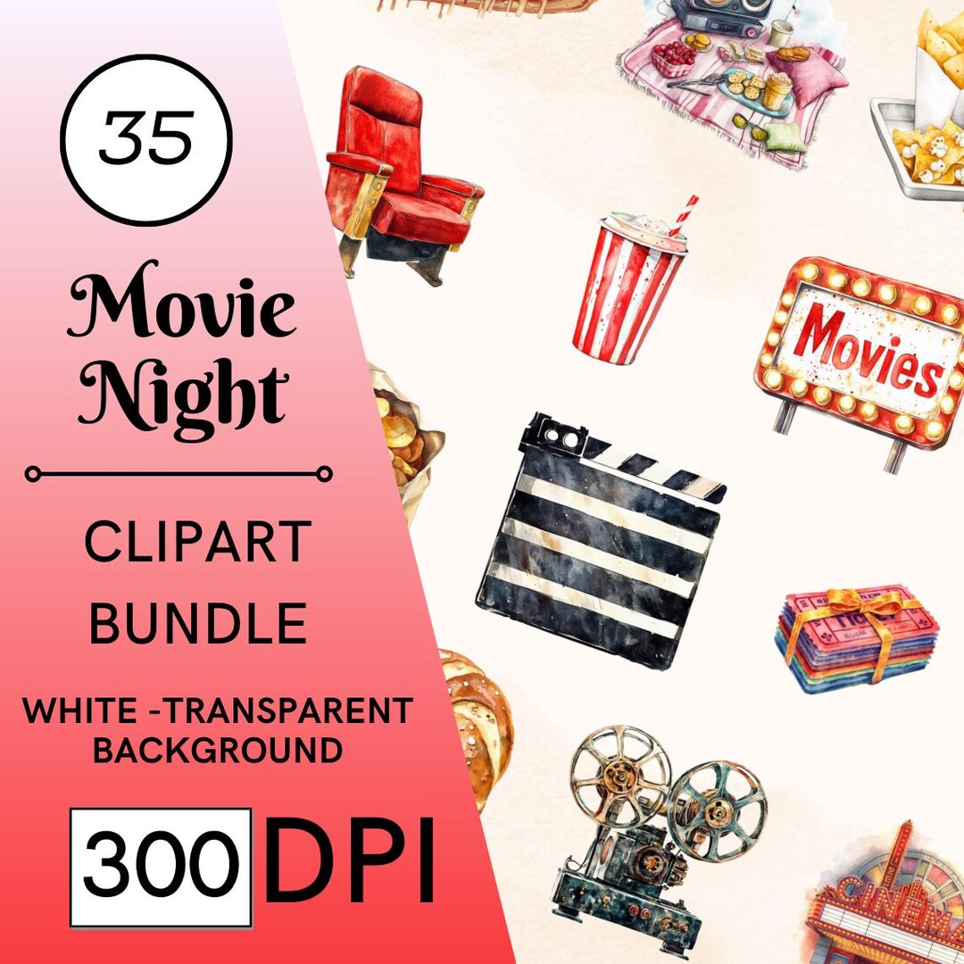 35 Movie Night Watercolor Clipart, Cozy Cinema Snacks & Film Elements ...
