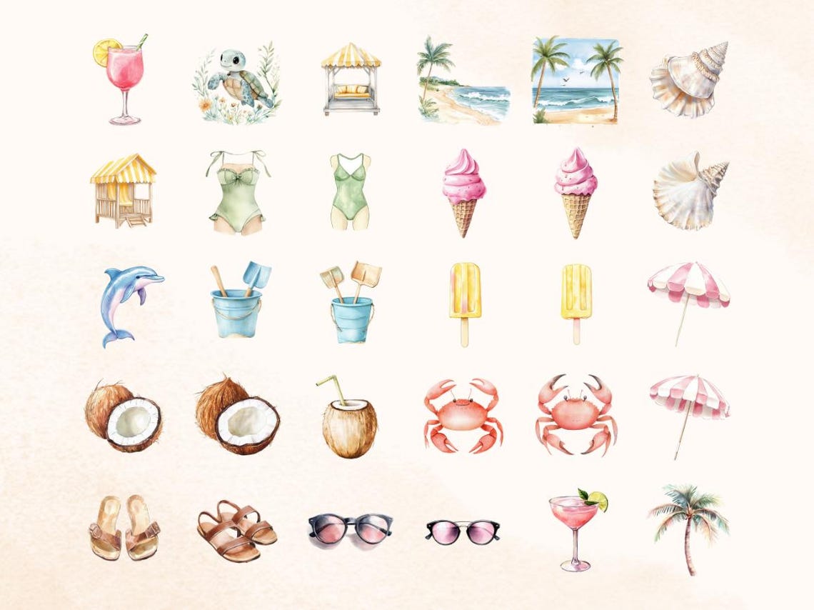 120 Watercolor Beach Day Clipart, Summer Beach Holiday, Nursery ...