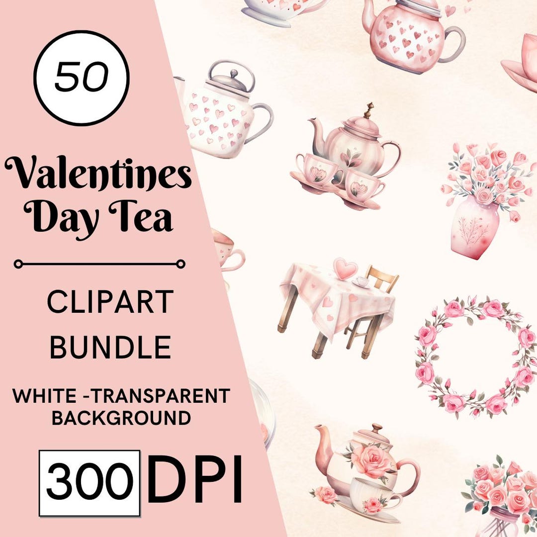 50 Valentine's Day Tea Party Clipart, Watercolor Illustrations ...