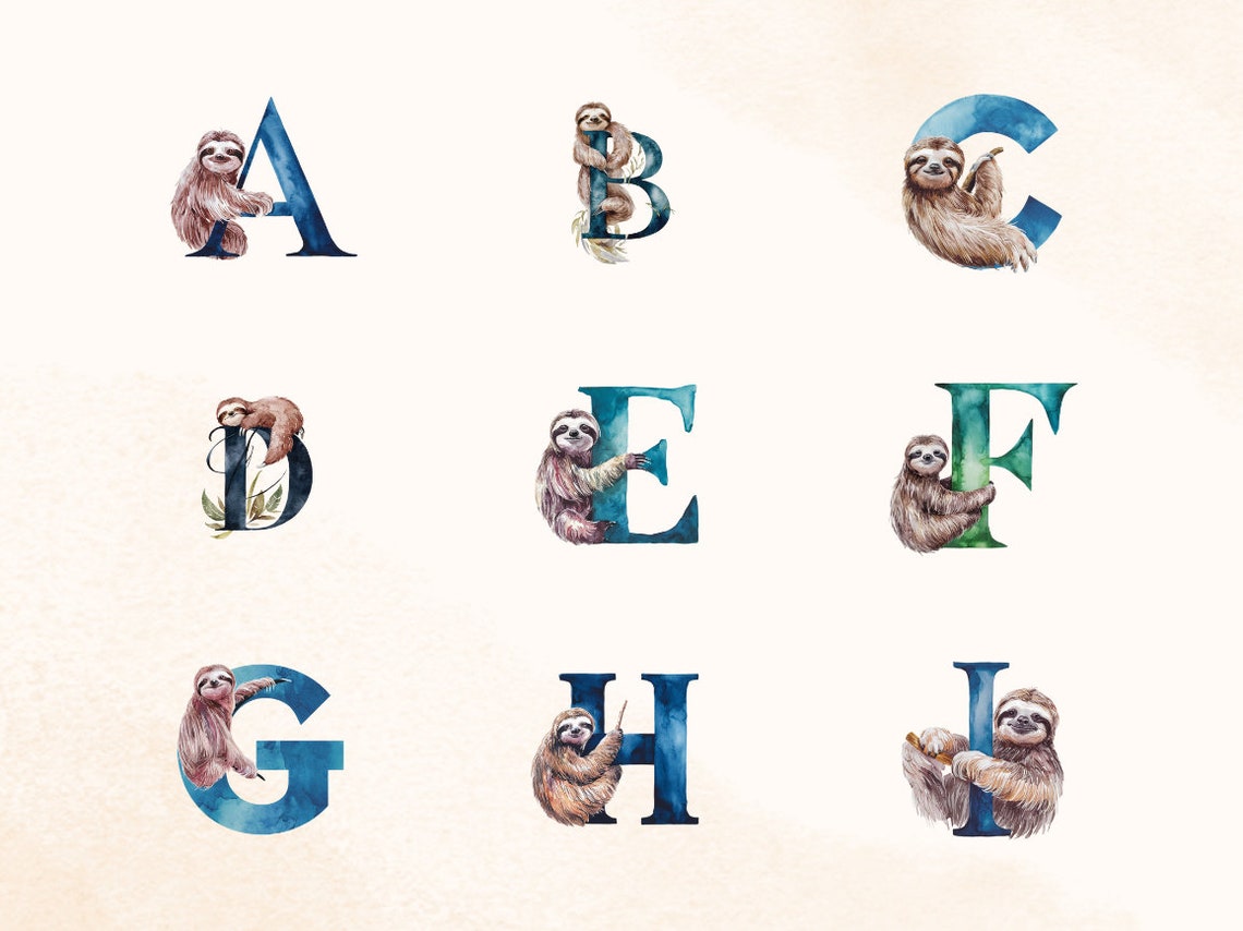 26 Sloth Alphabet Watercolor Clipart, Doodle Letters, PNG, JPG ...