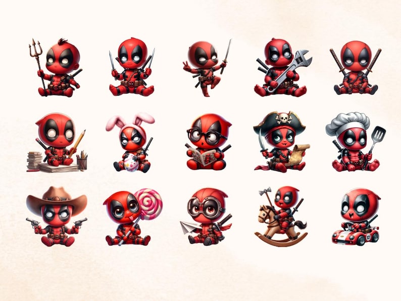 Set de 50 imágenes prediseñadas de acuarela de Deadpool bebé, arte ...
