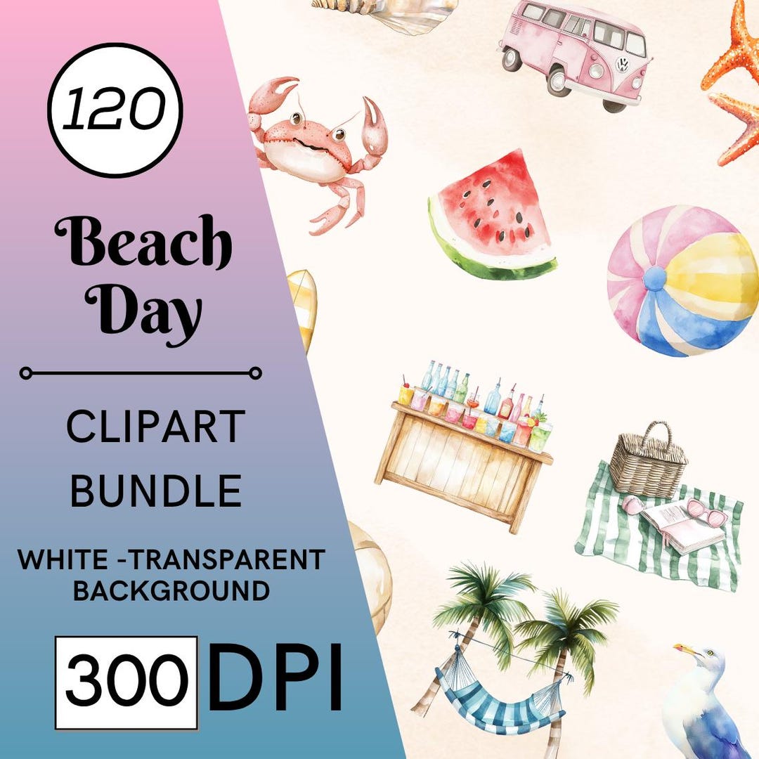 120 Watercolor Beach Day Clipart, Summer Beach Holiday, Nursery ...