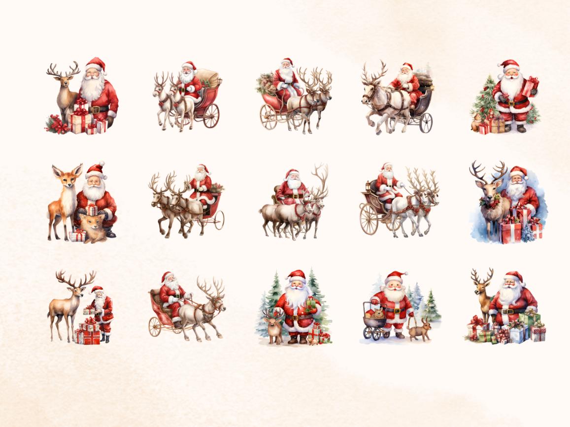 50 Watercolor Santa & Reindeer Clipart, Holiday PNG Images, Digital ...