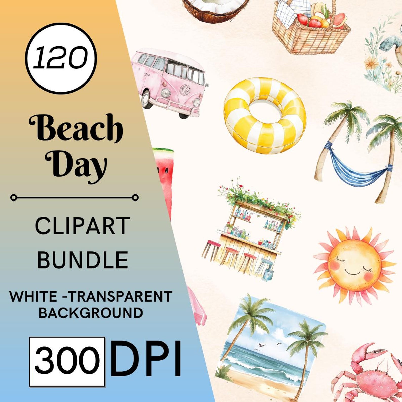 120 Watercolor Beach Day Clipart, Summer Beach Holiday, Nursery ...