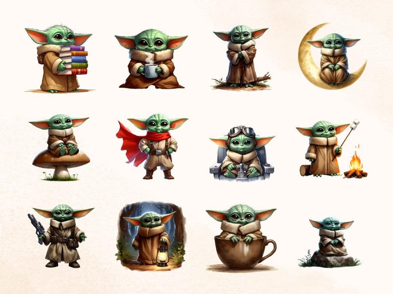 Baby Yoda Watercolor Clipart Set – 50 PNG Illustrations (digital ...