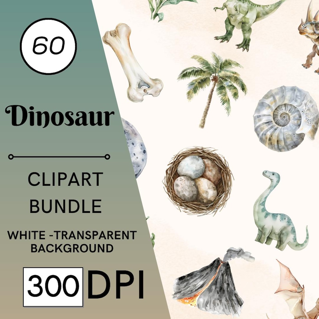 60 Watercolor Dinosaur Clipart Bundle, Dino Party Decor, Commercial Use ...