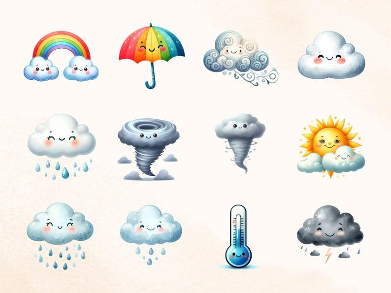 50 Watercolor Weather Clipart Set, Rainbow, Cloud, Sun, Nursery Art ...