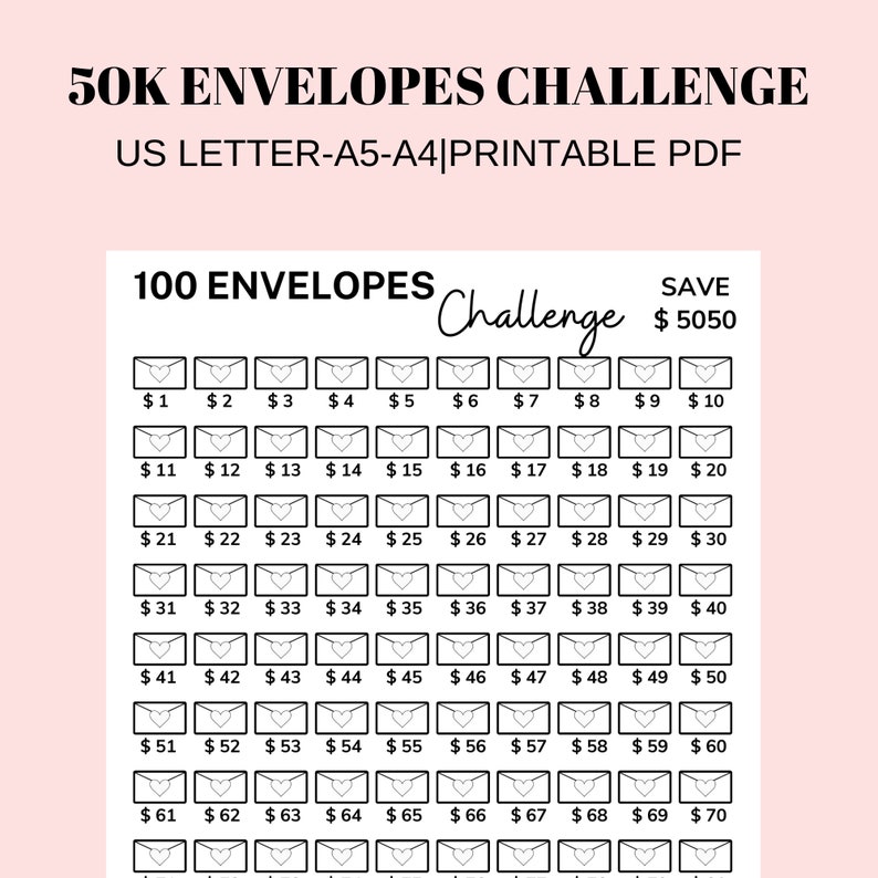 100 ENVELOPE CHALLENGE Printable L 50K Saving Challenge Tracker, Money ... 100 ENVELOPE CHALLENGE Printable L 50K Saving Challenge Tracker, Money ...